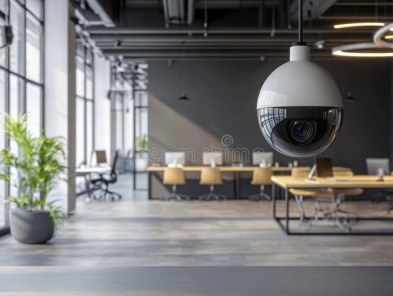 Security Camera Hanging Above Blurred Modern Office Interior Stock ...