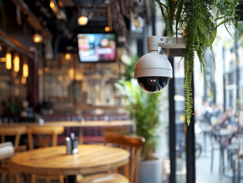 Security Camera Hanging Above Blurred Restaurant Interior Stock ...