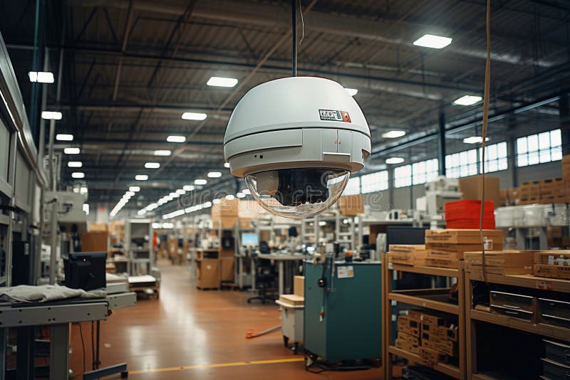 A Security Camera Hanging from a Ceiling in Factory Stock Illustration ...