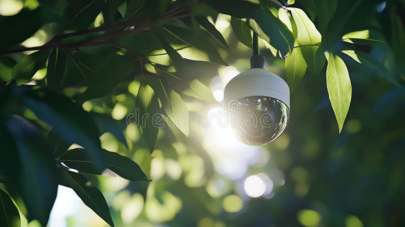 Security Camera Hanging among Green Leaves with Sunlight Filtering ...