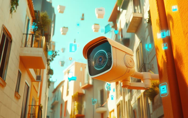 A Security Camera is Hanging from a Pole that Stands in Front of a ...