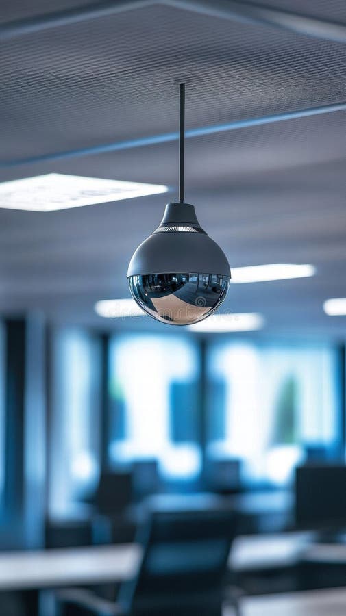 Security Camera Hangs in Office Space with Blurred Background, Modern Surveillance Technology ...