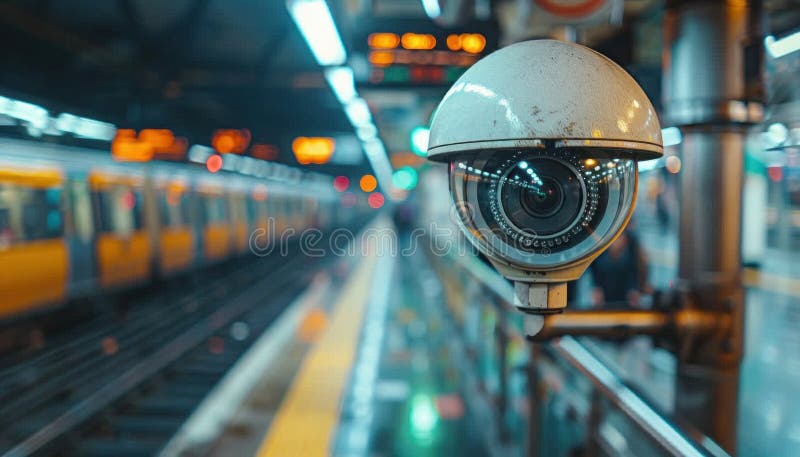 Security Camera Hangs from Railing at Train Station Stock Photo - Image ...