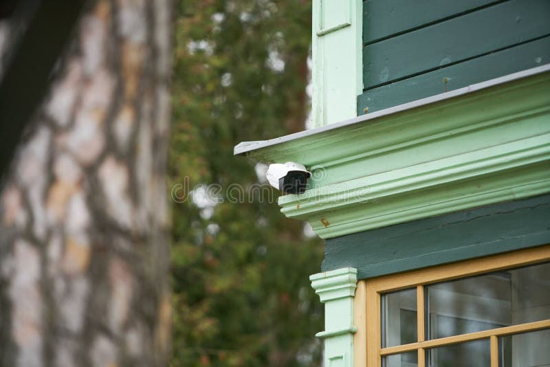 Security Camera Install Corner Outside of Building with Blue Sky ...