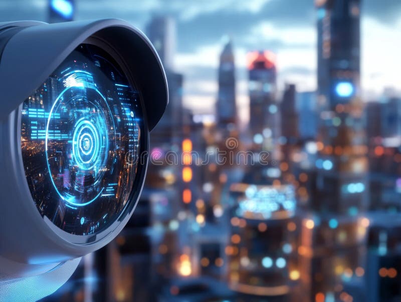 Security Camera Lens with Cityscape Reflection and Digital Interface ...