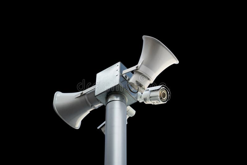 Security Camera with Loudspeakers and Megaphone Isolated on Black ...