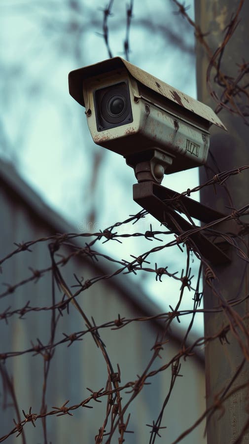 Security Camera on Metal Pole Surrounded by Barbed Wire, Close-up View ...
