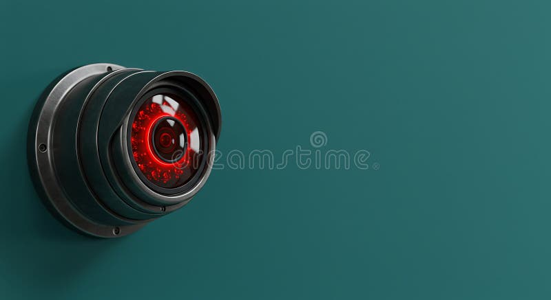 A Security Camera with a Metallic Casing is Mounted on a Teal Wall. the ...