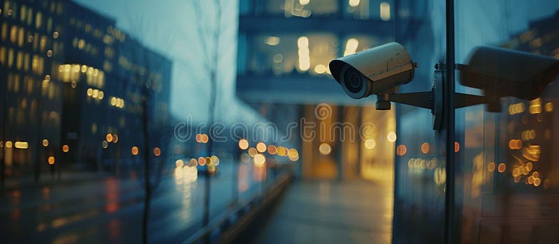 Security Camera on Modern Building, Captured at Night with Blurred City ...