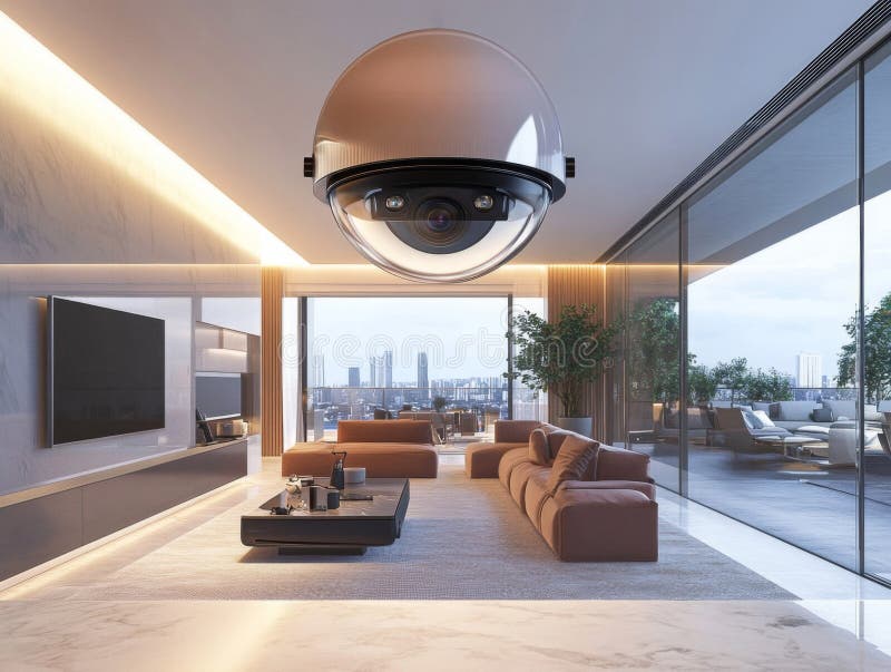 Security Camera in Modern Living Room with City Skyline View Stock ...