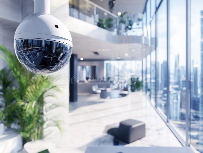 Security Camera in Modern Office Building Lobby with City View Stock ...