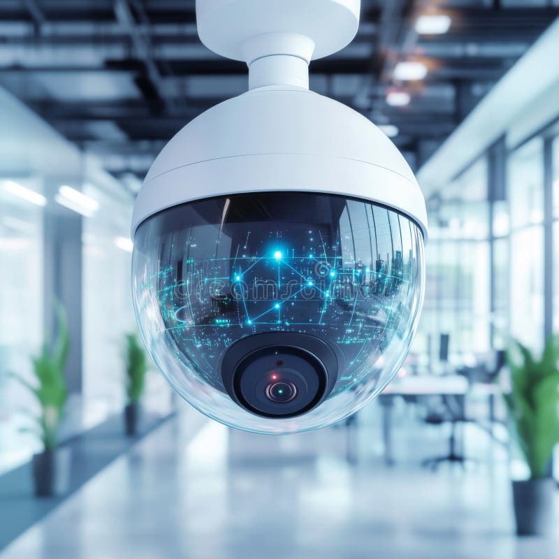 Security Camera in Modern Office Building with Network Visualization ...