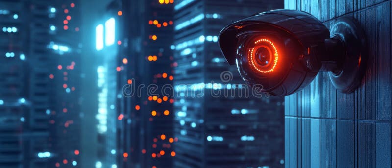 Security Camera Monitoring Server Racks with Red LED Lights Stock ...