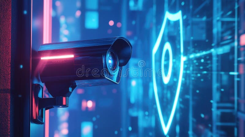 Security Camera Monitoring Server Room Protecting Data with Shield Icon ...