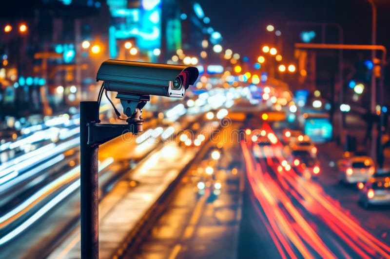 Security Camera Monitoring Traffic at Night Stock Illustration ...