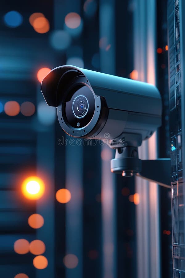 A Security Camera Monitors a Data Center Filled with Glowing Server ...