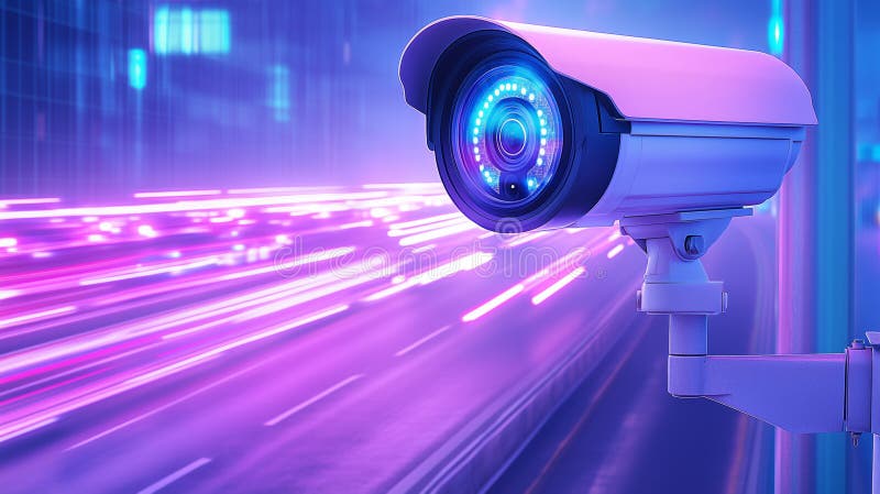 Security Camera Monitors Traffic Flow at Night in a Vibrant Urban ...