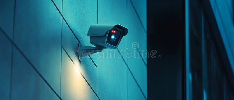 A Security Camera Mounted on a Blue Tile Wall at Night Stock ...