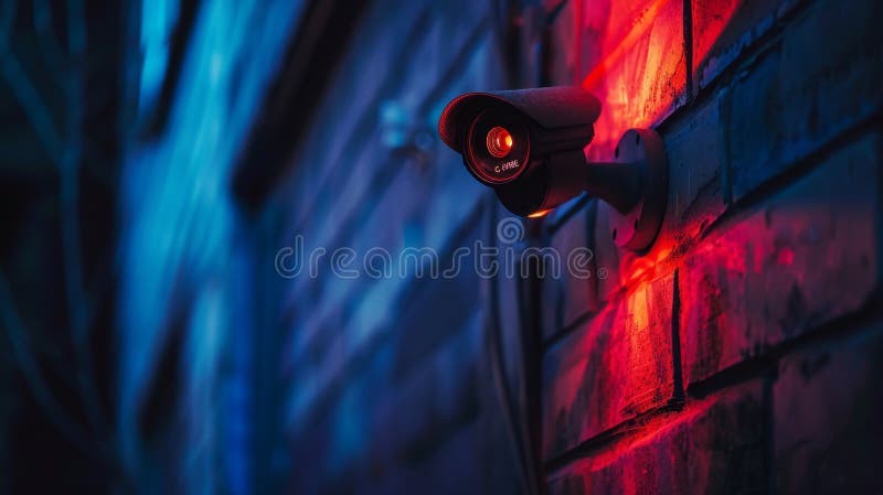 A Security Camera Mounted on a Brick Wall with a Red Light Illuminating ...