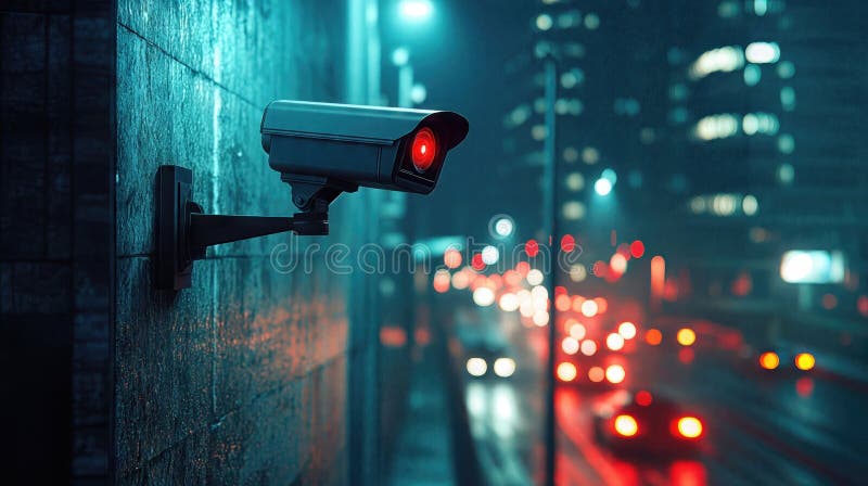 A Security Camera is Mounted on a Building in the Rain Stock Image ...