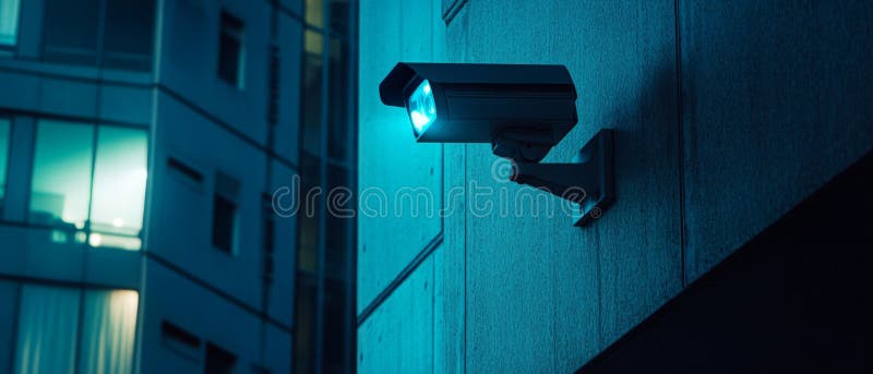 A Security Camera Mounted on a Building Wall at Night Stock ...