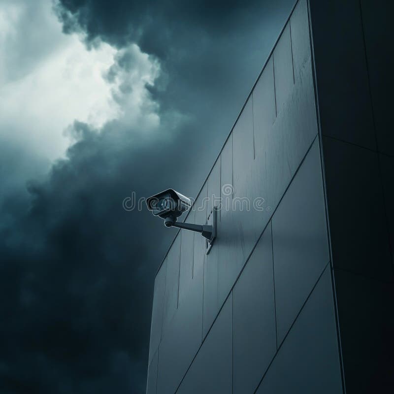 A Security Camera Mounted on a Building Wall Under a Cloudy Sky Stock ...