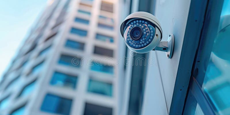 A Security Camera is Mounted on a Building. the Camera is White and Has ...