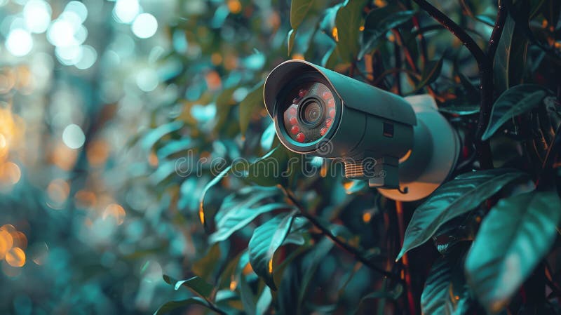 A Security Camera Mounted on a Bush Branch in a Green Forested Area ...