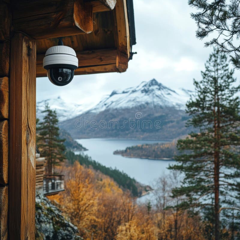 Security Camera Mounted on a Cabin Overlooking a Mountain Lake Stock ...