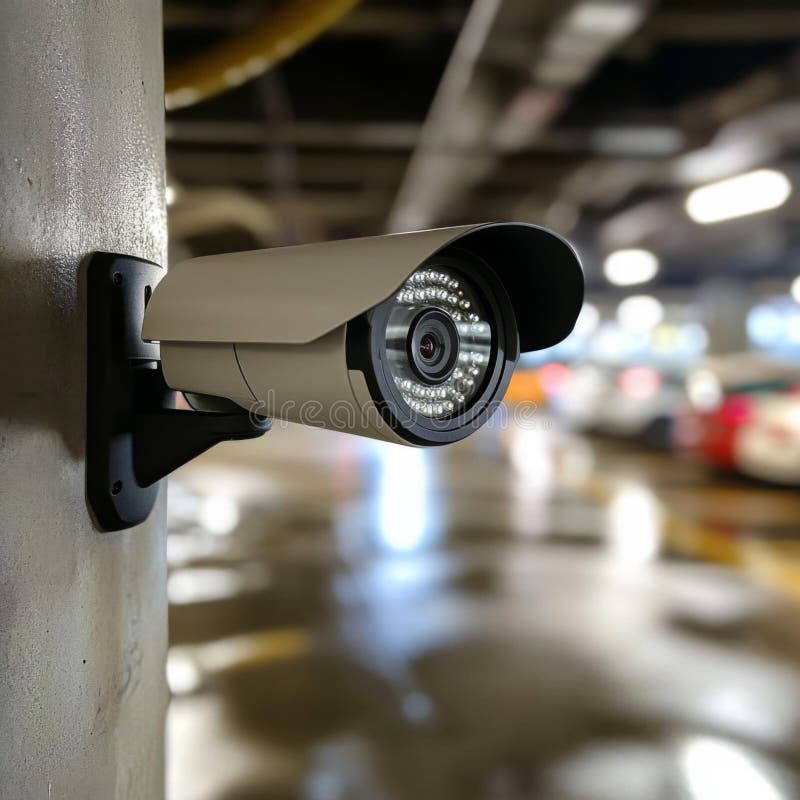 Security Camera Mounted on a Concrete Pillar in a Parking Garage Stock ...