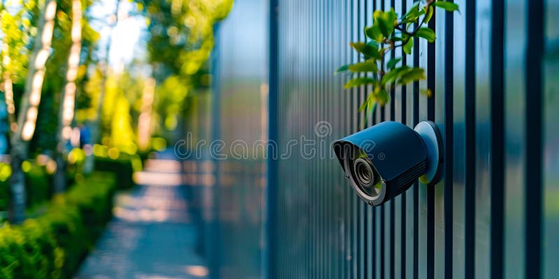 A Security Camera Mounted on a Fence Stock Image - Image of tree, blue ...