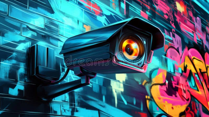 Security Camera Mounted on Graffiti-Covered Brick Wall Stock ...