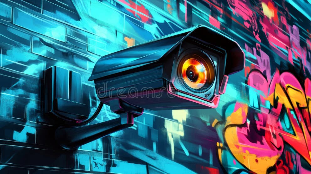 Security Camera Mounted on Graffiti-Covered Brick Wall Stock ...