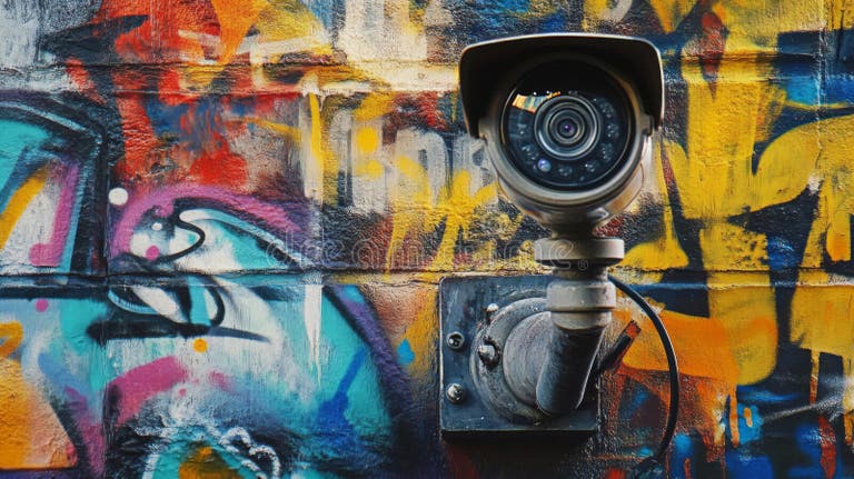 Security Camera Mounted on a Graffiti-Covered Brick Wall Stock ...