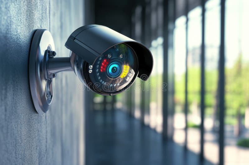 Security Camera Mounted in a Modern Building with Large Windows in ...