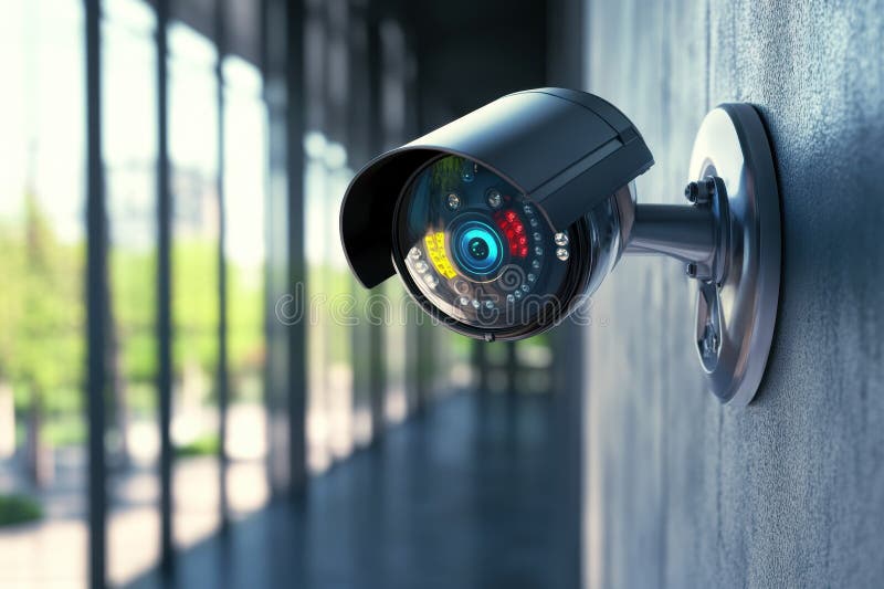 Security Camera Mounted in a Modern Building with Large Windows in ...