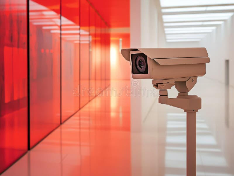 Security Camera Mounted in a Modern Corridor with Red Walls Stock ...