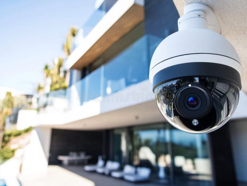 Security Camera Mounted on a Modern Home with a Pool Stock Illustration ...