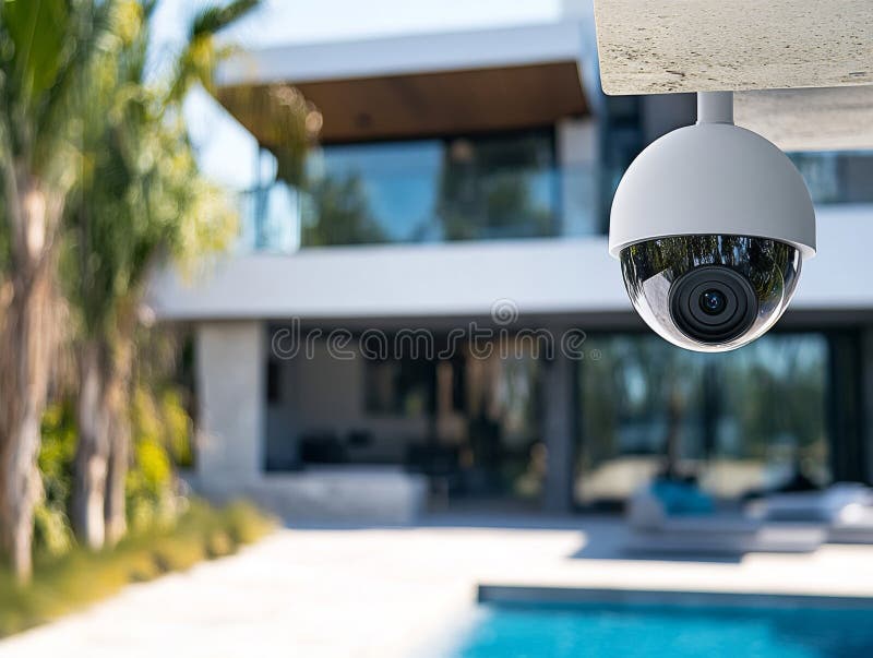 Security Camera Mounted on a Modern House with a Pool Stock ...