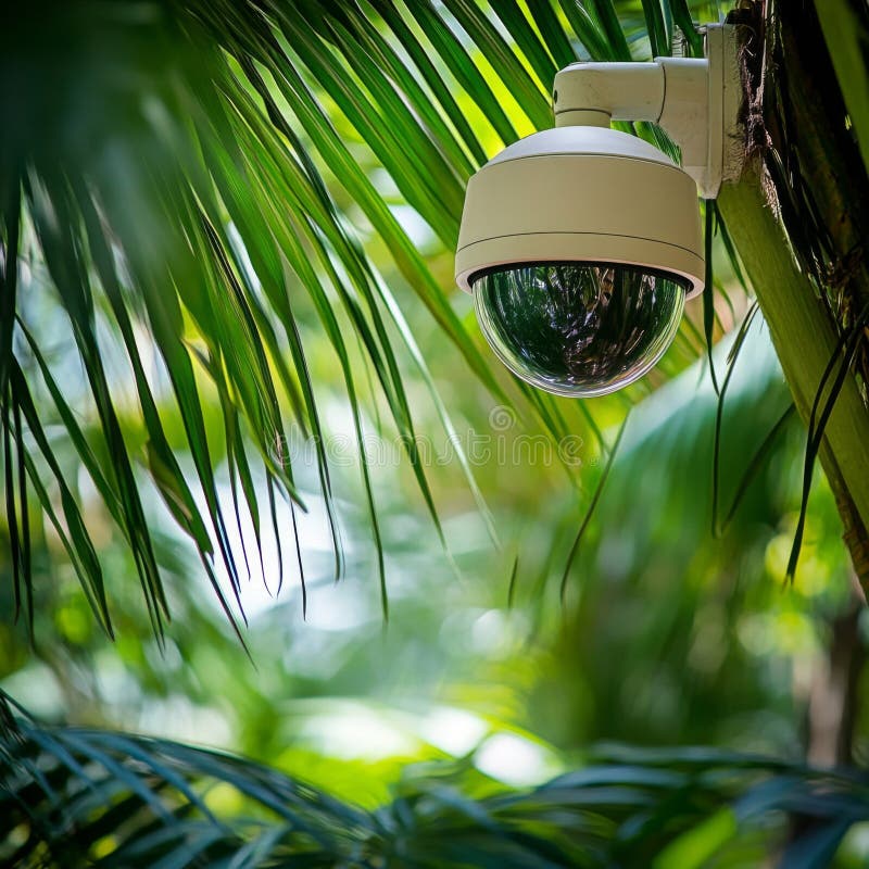 Security Camera Mounted on a Palm Tree in a Tropical Setting Stock ...