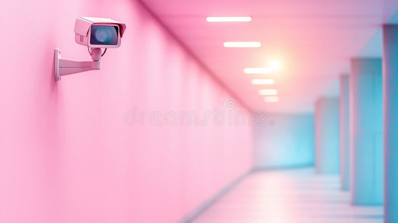 Security Camera Mounted on a Pink Wall in a Brightly Lit Modern Hallway ...