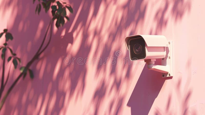 Security Camera Mounted on a Pink Wall with Tree Shadows, Daytime, Home ...