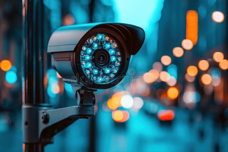 Security Camera Mounted on a Pole in a Cityscape Providing Surveillance ...