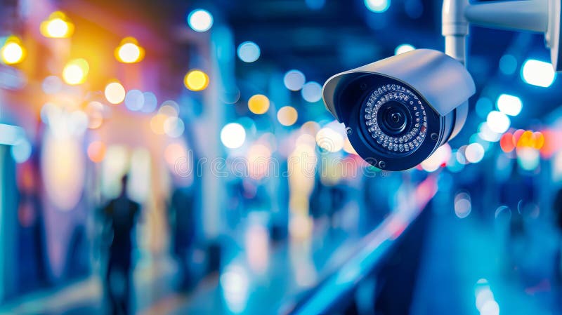 A Security Camera Mounted on a Pole in Front of a Crowd of People Stock ...