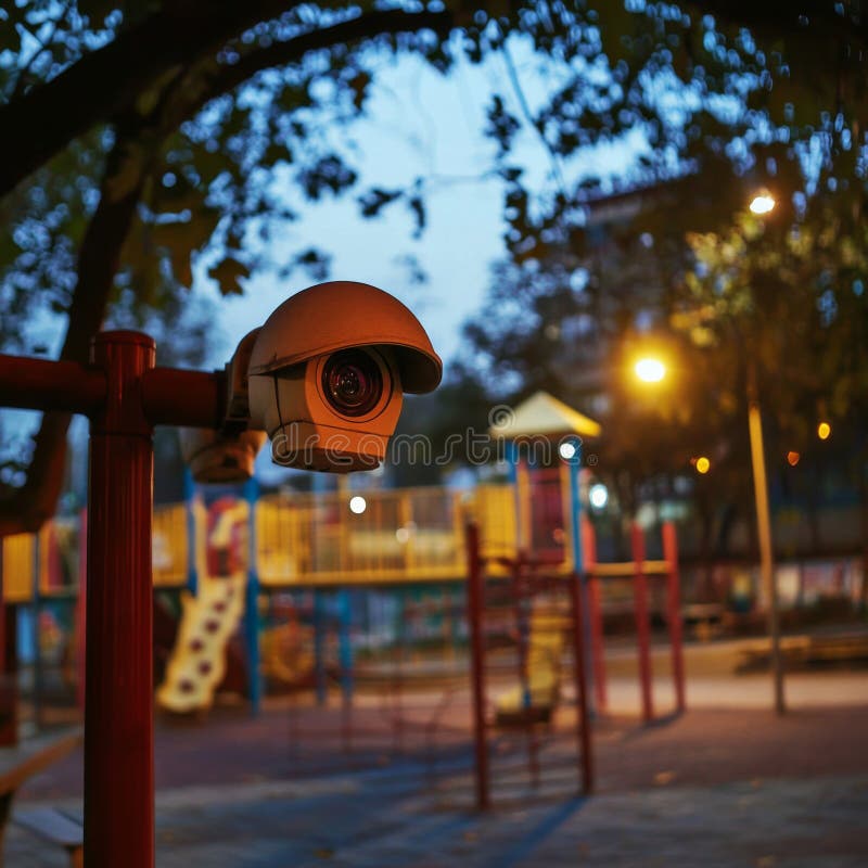 Security Camera Mounted on a Pole Overlooking a Playground at Night ...