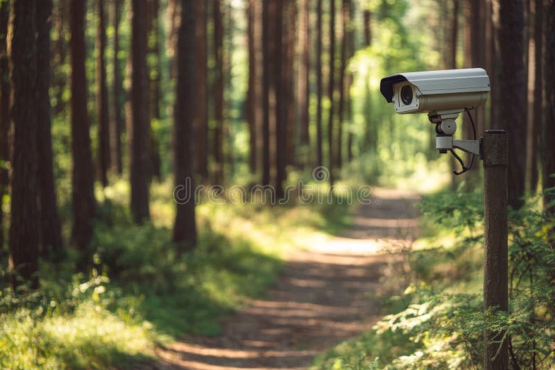Security Camera Mounted on a Post Overlooking a Forest Path Stock ...