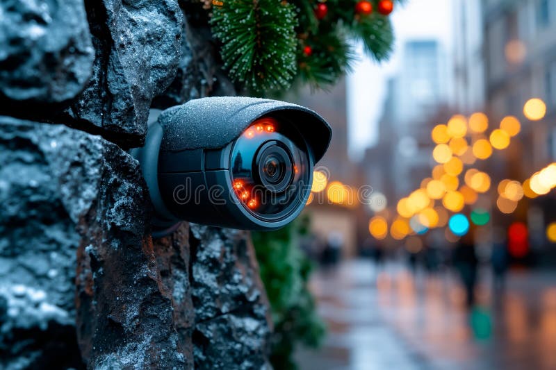 A Security Camera Mounted on a Stone Wall in the Snow Stock Photo ...