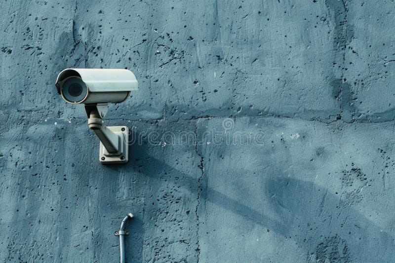A Security Camera is Mounted on a Textured Blue Wall, Its Lens Pointed ...
