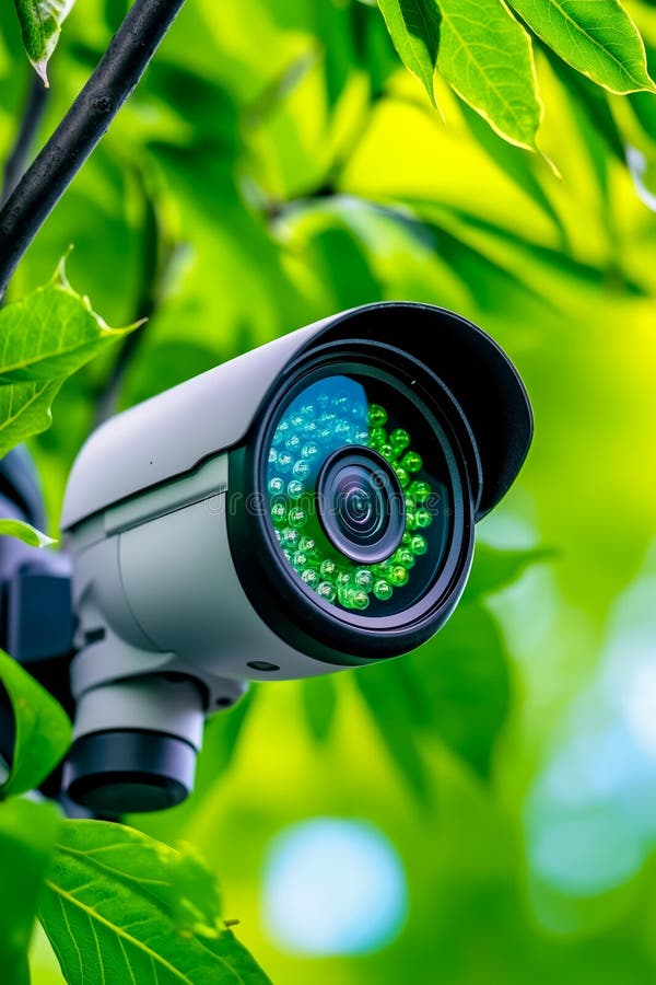 A Security Camera Mounted on a Tree Branch with Green Leaves Stock ...