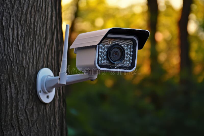 Security Camera Mounted on a Tree with a Soft Sunset Background Stock ...